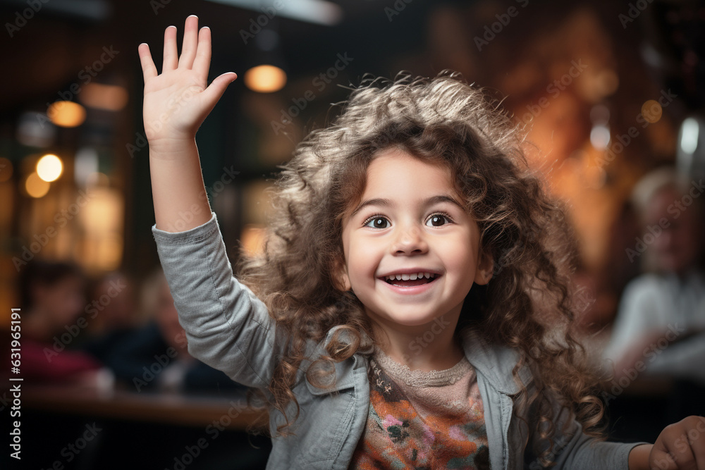 Little girl pupil with raised hand, little school boy raising hands up ...
