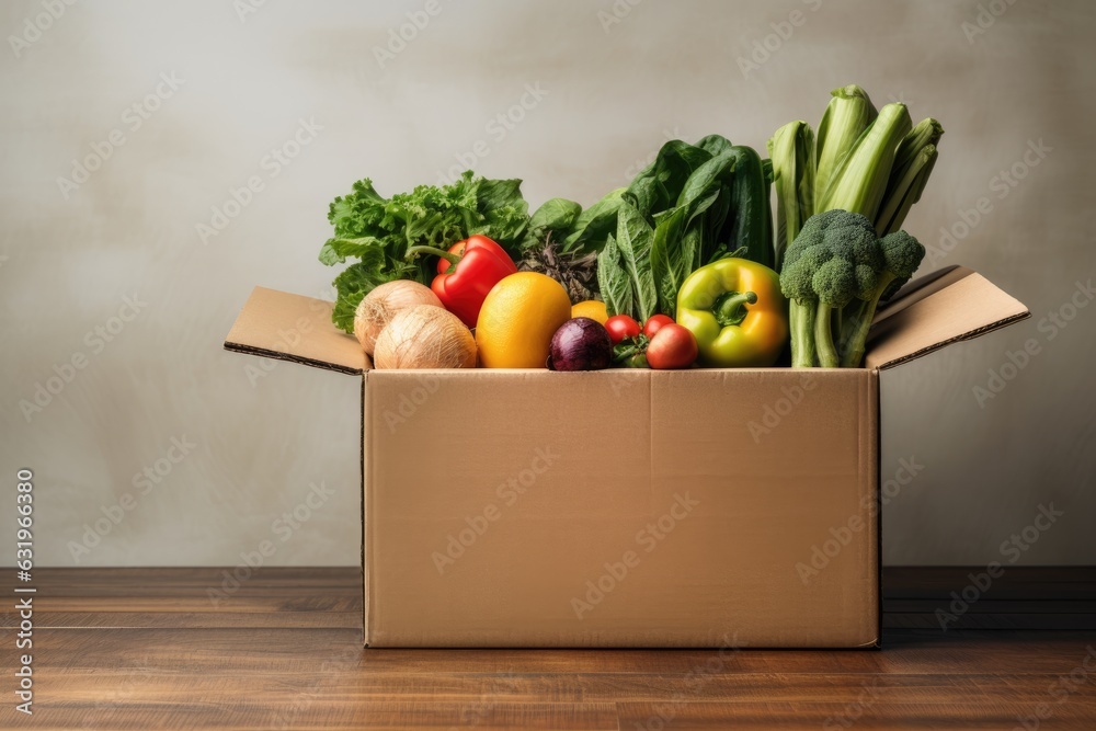 cardboard box with food. vegetables and fruits in a cardboard box. food ...