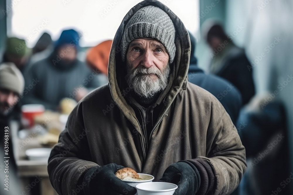 Poor homeless man with hot food in warming center Stock Photo | Adobe Stock