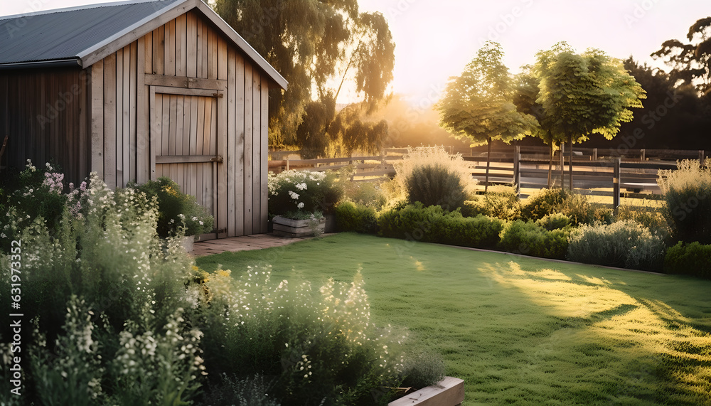 Beautiful house backyard with fresh green grass smooth lawn as a carpet ...