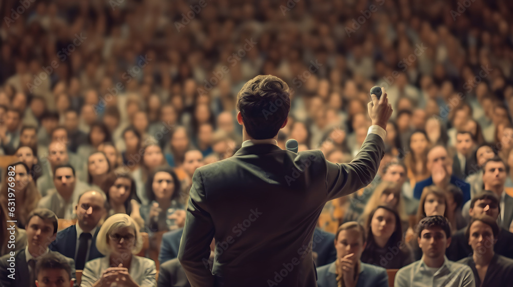 Back view of motivational speaker standing on stage in front of ...