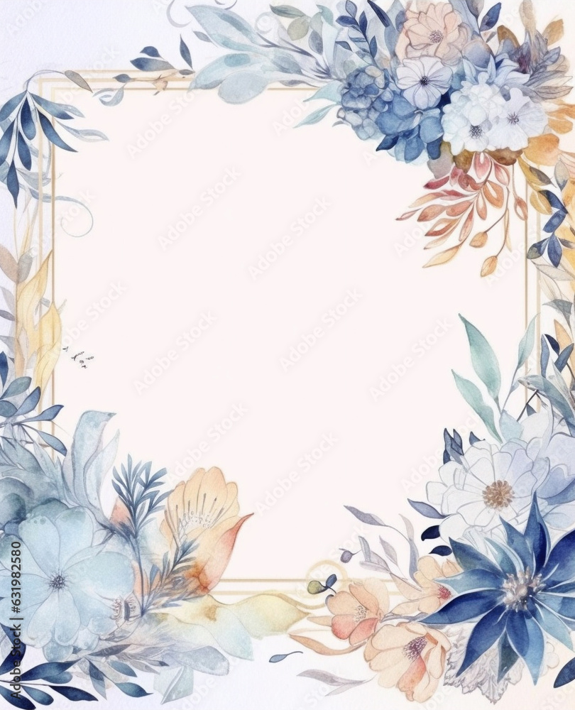 Watercolor style blue wildflowers and leaves decor on square shape ...