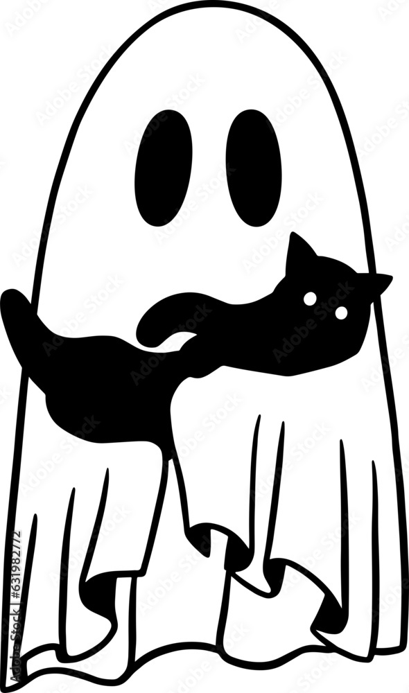 cute ghost and black cat funny halloween vector illustration isolated ...