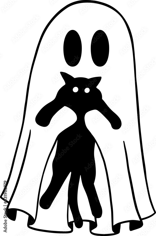cute ghost and black cat funny halloween vector illustration isolated ...