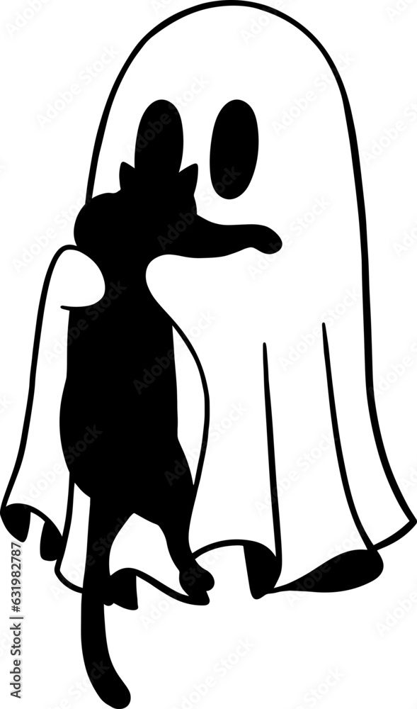 cute ghost and black cat funny halloween vector illustration isolated ...