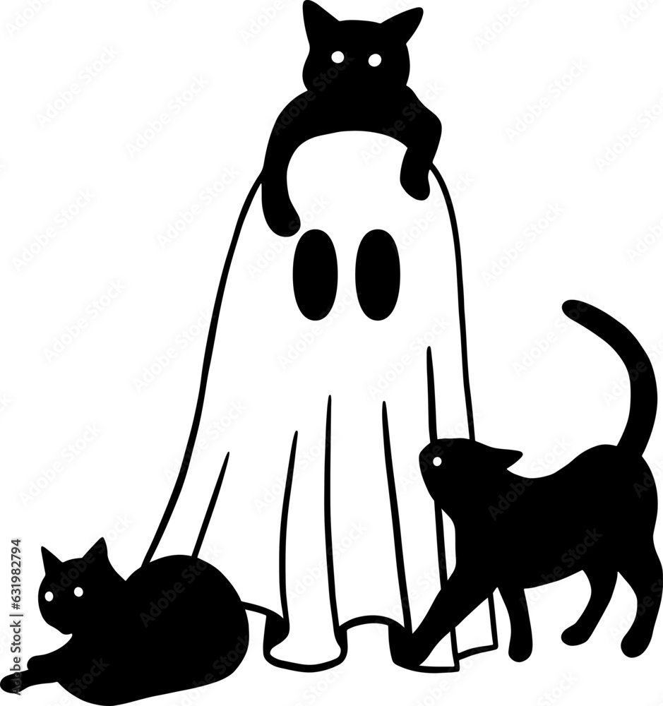 cute ghost and black cat funny halloween vector illustration isolated ...