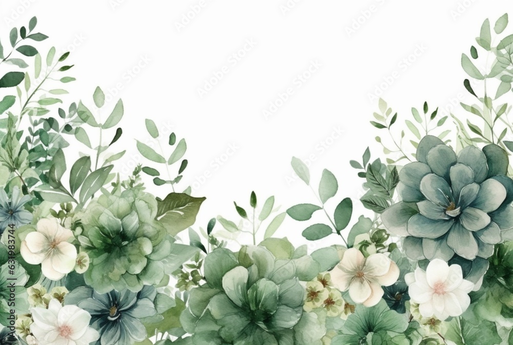 seamless watercolor floral border with green leaves on white background ...