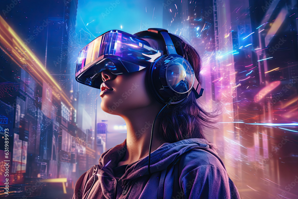 Virtual reality technology world background with VR or AR headset glasses, cyber space ...