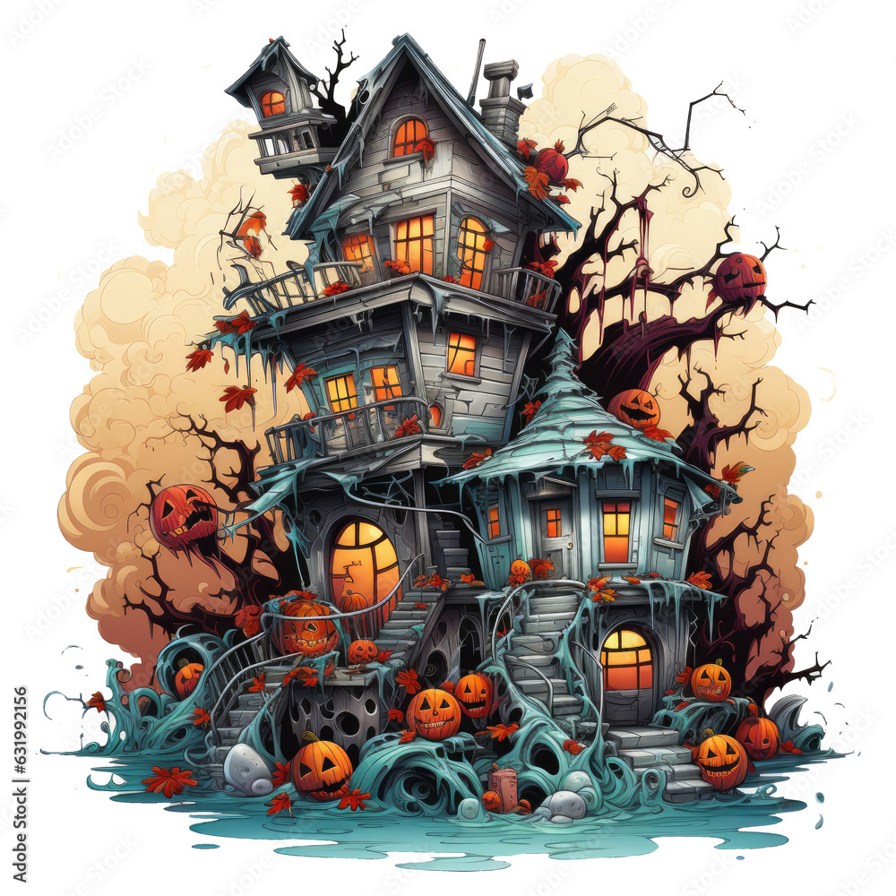 A pixel art-inspired Halloween haunted house t-shirt design, featuring ...