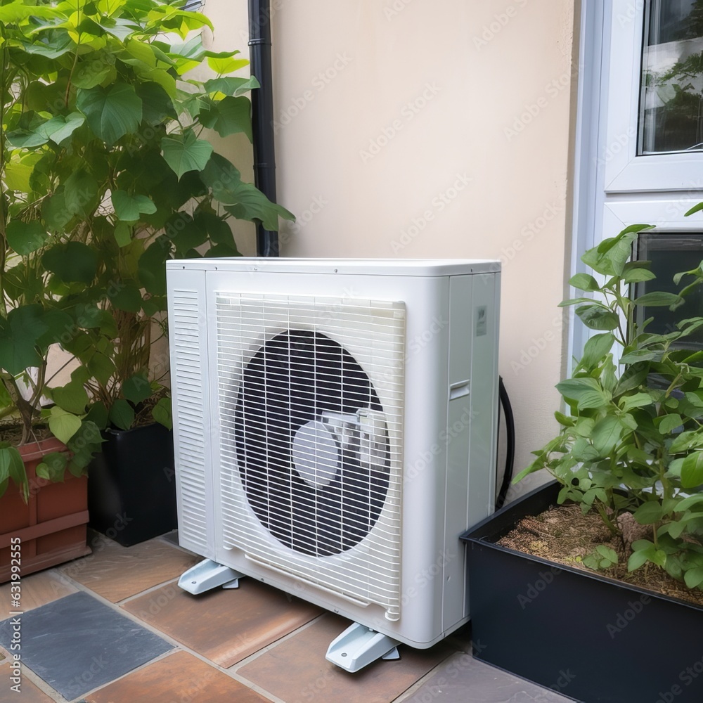 Air source heat pump installed in residential building. Sustainable and ...