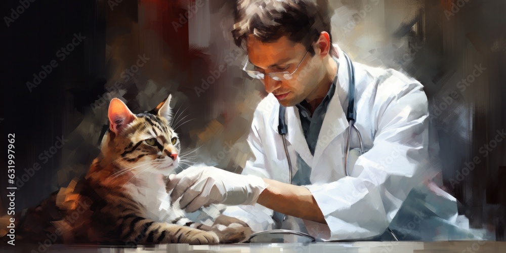 illustration of a modern veterinarian examining the cat, oil painting ...