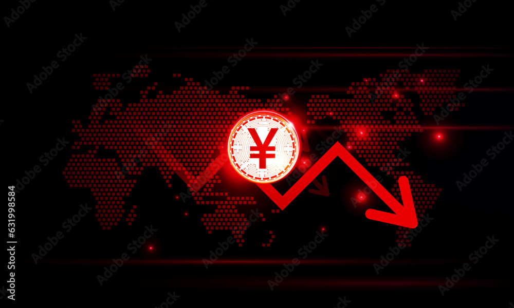 Financial chart with arrow yuan decrease in money of chinese money ...