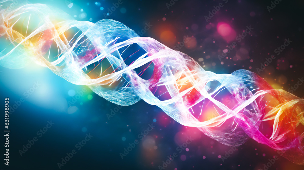 An abstract image showcasing vibrant intertwining DNA strands ...