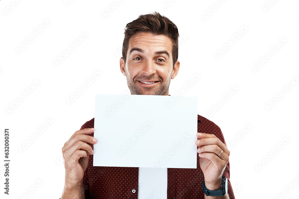 Card, portrait or happy man with poster mockup for promotion offer ...