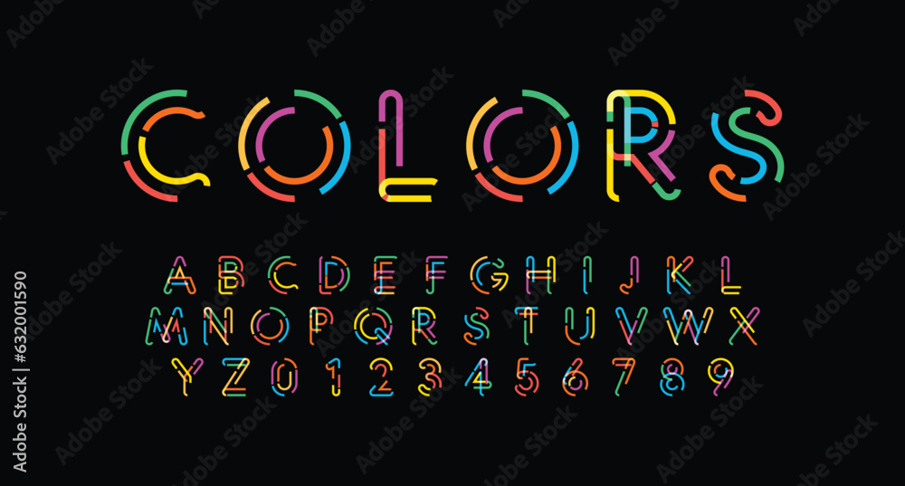 Vector letters, numbers and signs from dotted colored line. trendy ...