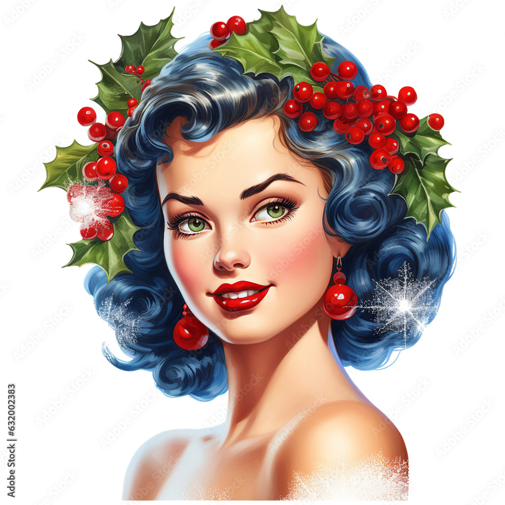 Vintage Christmas pinup girl black hair, holy leaf and cherry isolated ...
