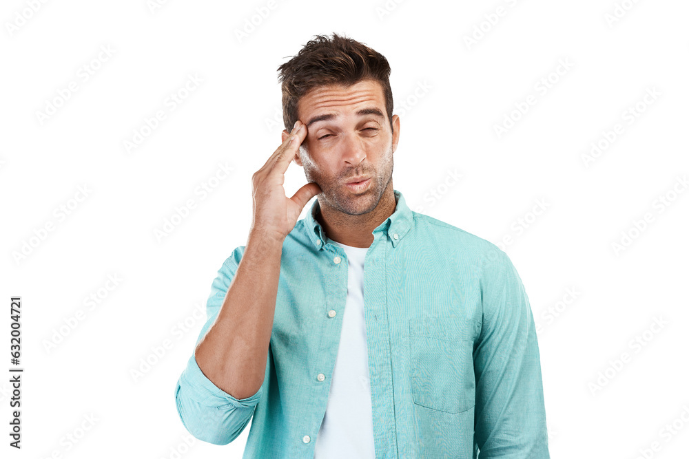 Dizzy, stress or tired man with headache, burnout or brain fog isolated ...