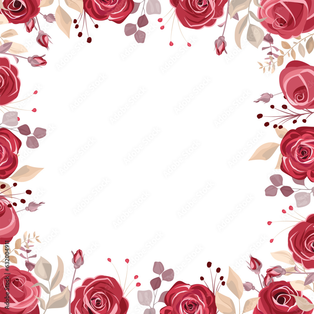 Bouquet of maroon rose flower border, on white background. Wedding ...