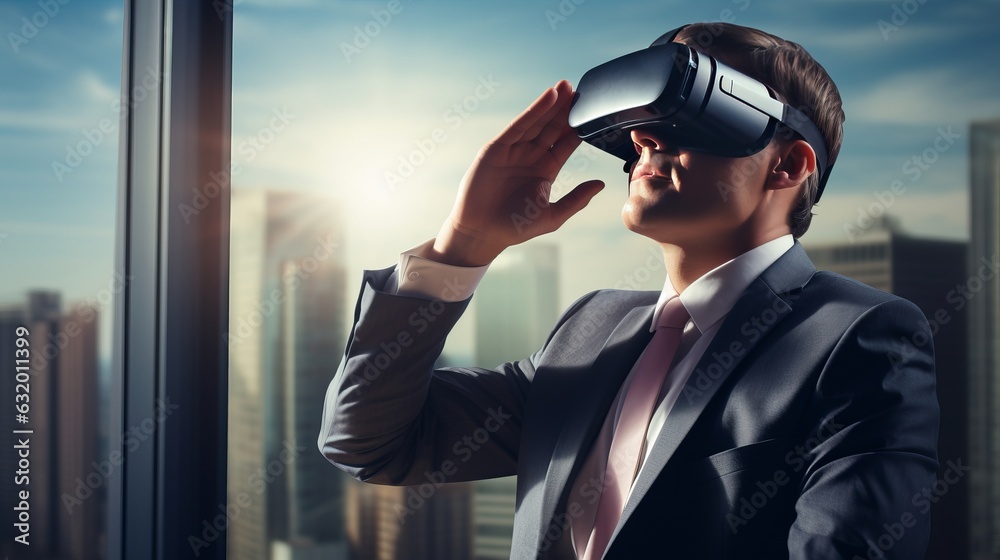 Businessman in formal suit using vr device goggle virtual reality ai ...
