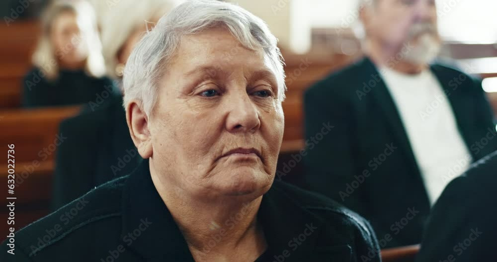 Funeral, sad and death with old woman in church for farewell, thinking ...