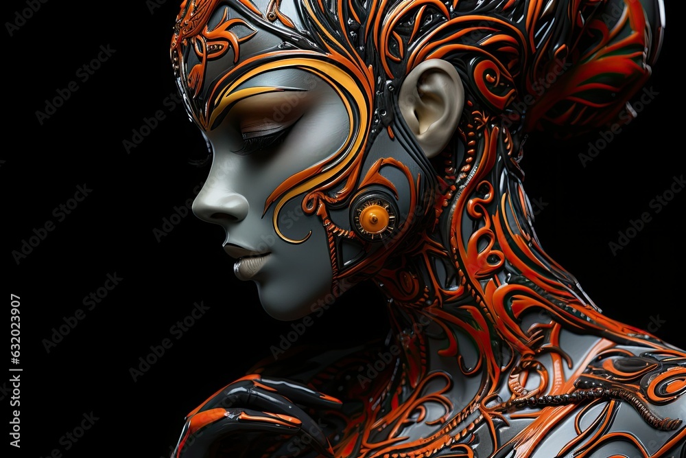 A high-fashion studio shot of a model with intricate body paint and ...