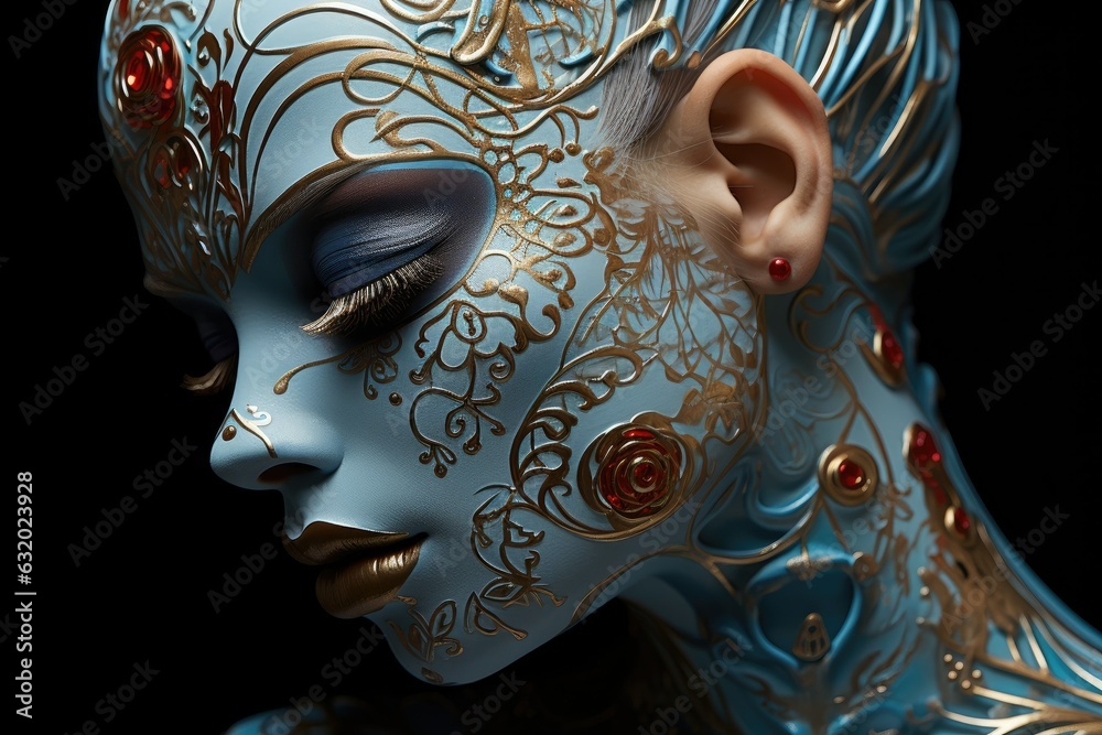 A high-fashion studio shot of a model with intricate body paint and ...