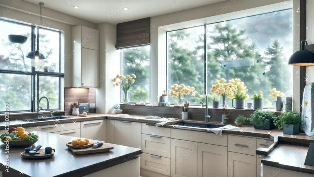 kitchen room interior design with window view, seamless looping video ...