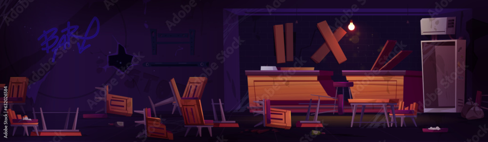 Abandoned bar interior with damaged furniture. Vector cartoon ...