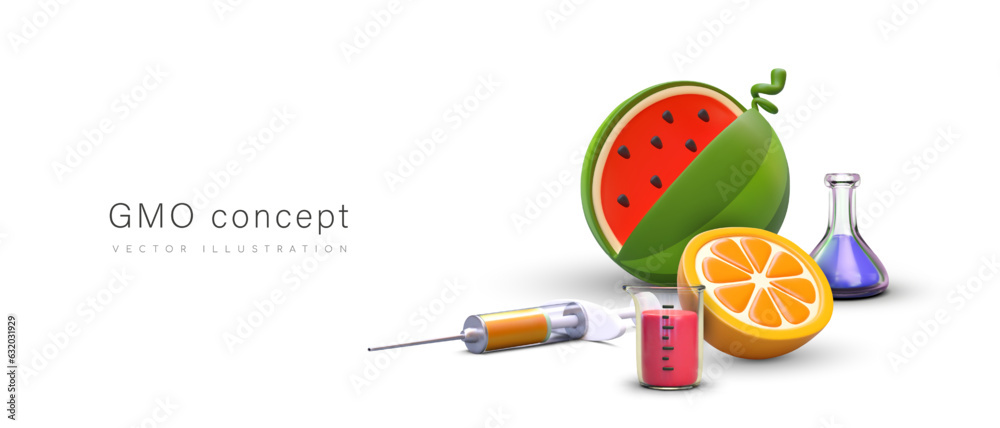 Vetor de GMO concept. Experiment on vegetables and fruits. Color ...