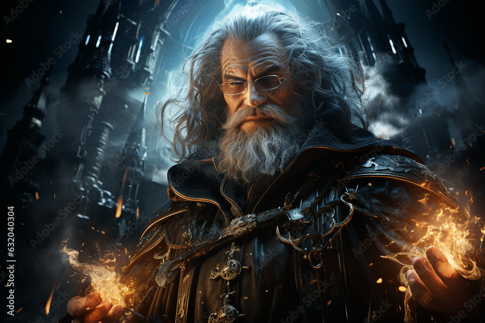 Wise Merlin the Wizard boldly confronting a Magical Creature Stock ...