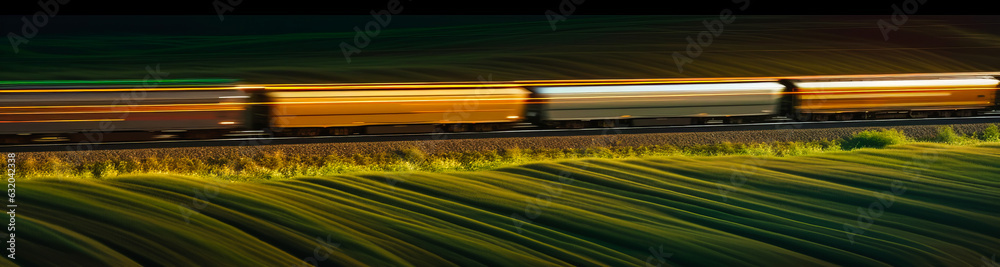Dazzling trade train blazing through countryside, highlighted by ...