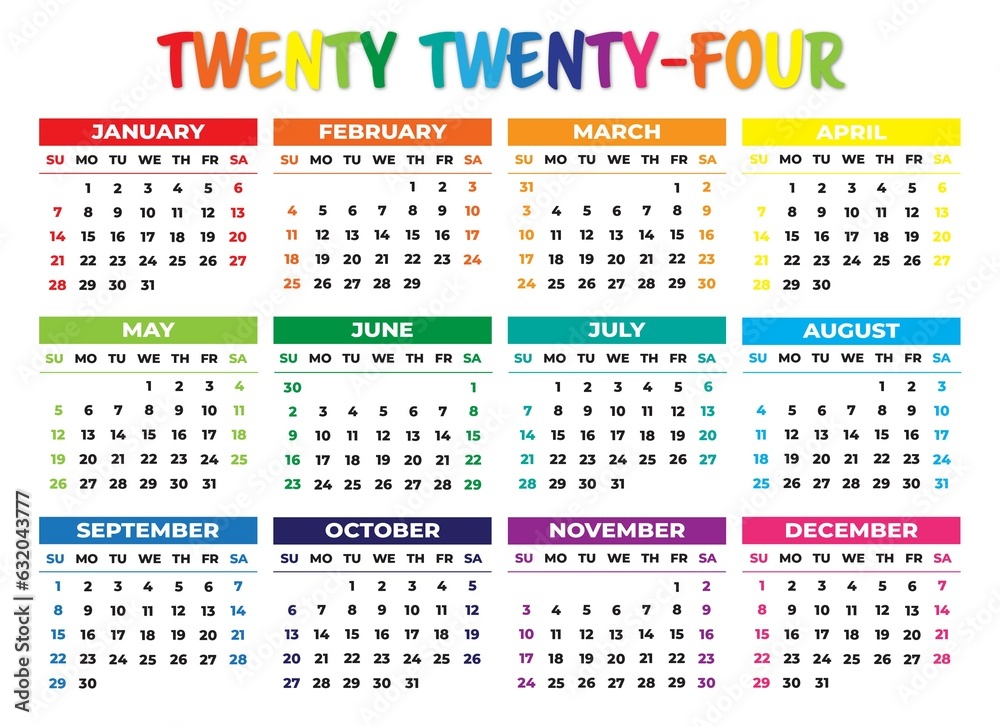 2024 Sunday Start Horizontal Calendar Template, Simple layout of pocket ...