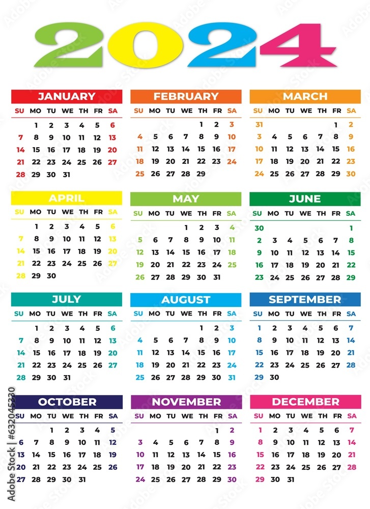 2024 Sunday Start Vertical Color Calendar Template, Simple layout of ...