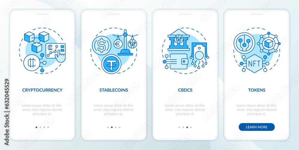 2D icons representing digital currency mobile app screen set ...