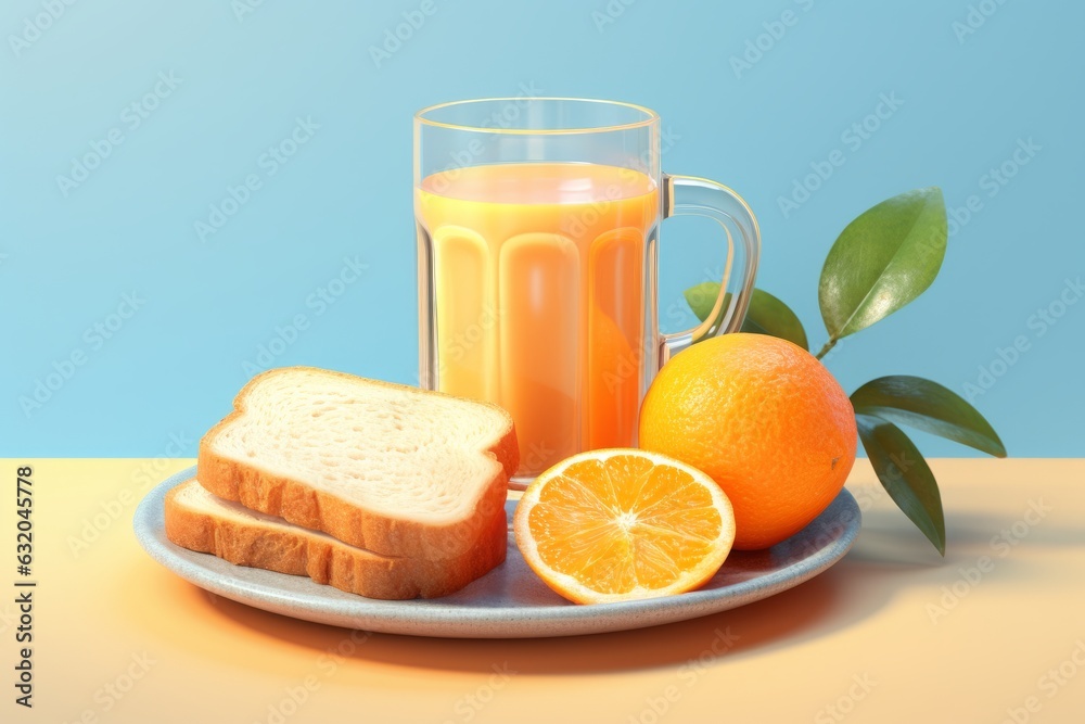 Zumo de naranja natural con tostadas de pan sobre fondo colores pastel ...