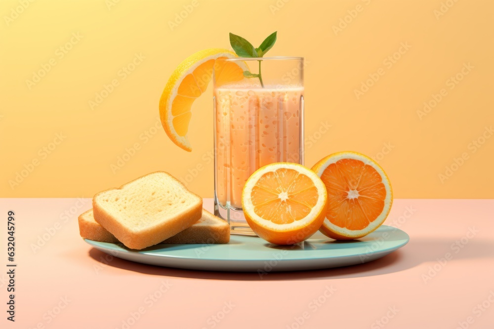 Zumo de naranja natural con tostadas de pan sobre fondo colores pastel ...