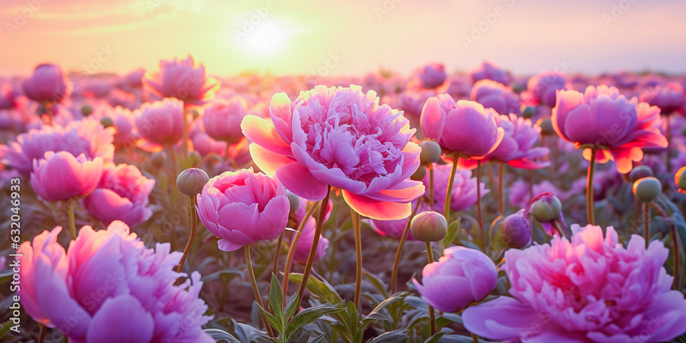 Beautiful flower pink peony close up, flowering in peonies garden field ...
