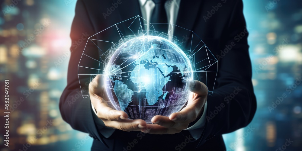 Hand holding global virtual internet world connection of metaverse ...