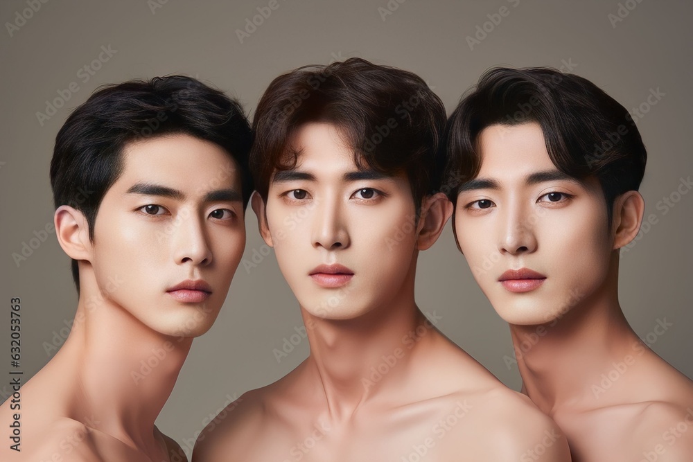 group of a handsome young korean men with clean fresh skin on white ...