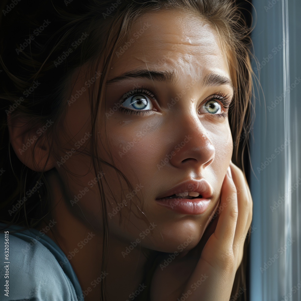 A closeup of a young womans face her eyes filled with sadness as she ...