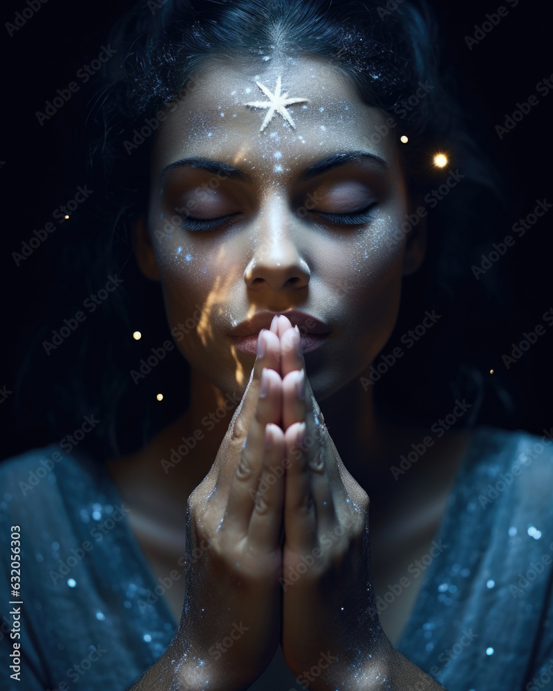 Two hands pressed together in prayer pose against a backdrop of bright ...