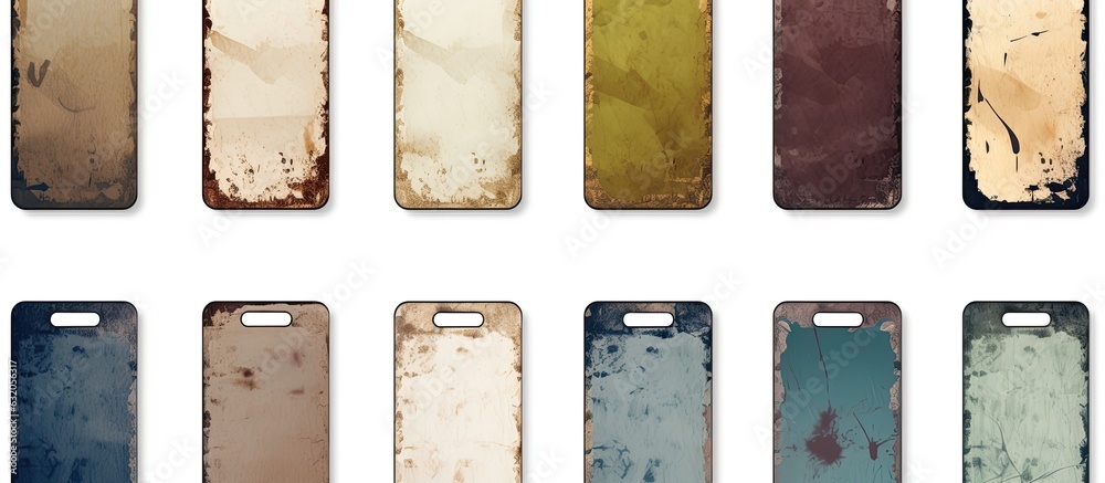 Set of blank and worn-out adhesive price stickers in various colors ...