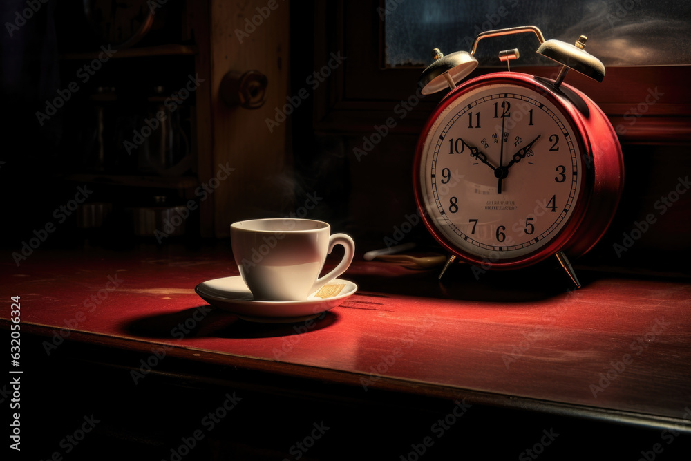 An empty coffee cup abandoned on a nightstand with a 300 AM time ...
