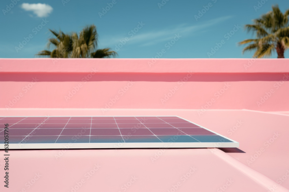 A solar panel atop a pink-tiled roof, juxtaposed with swaying palm ...