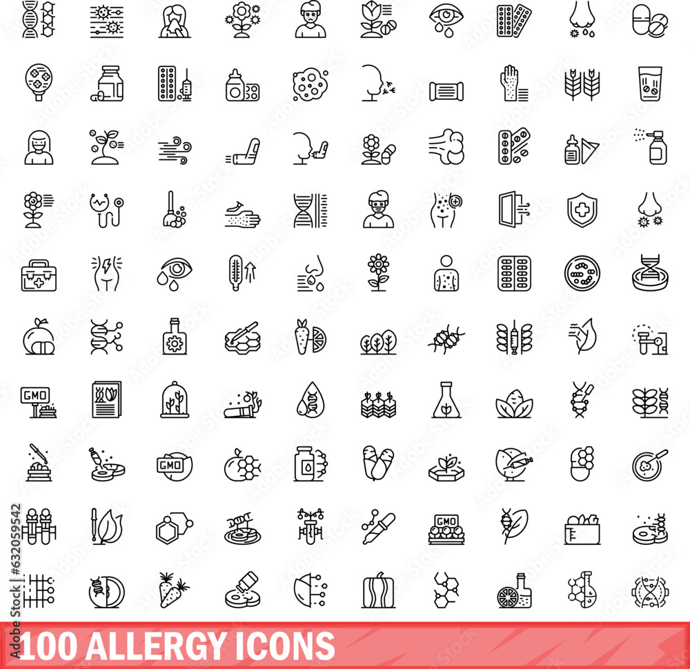 100 allergy icons set. Outline illustration of 100 allergy icons vector ...