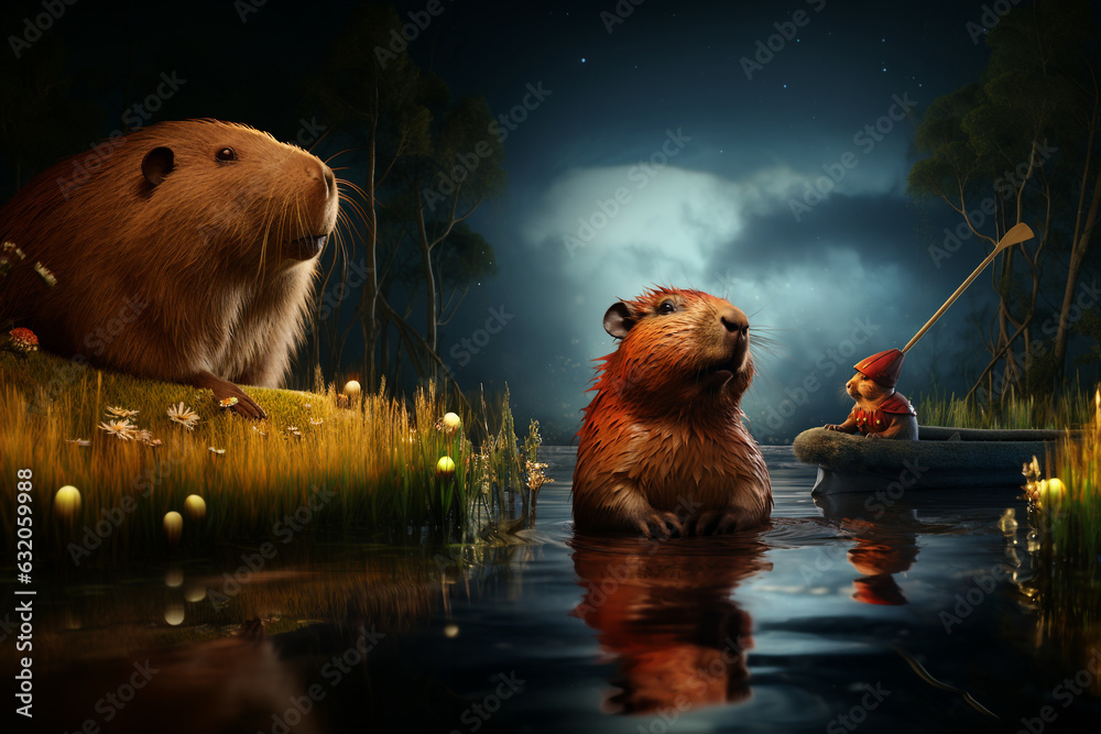 illustration capybaras paddling swimming in wetland or rice paddy with ...