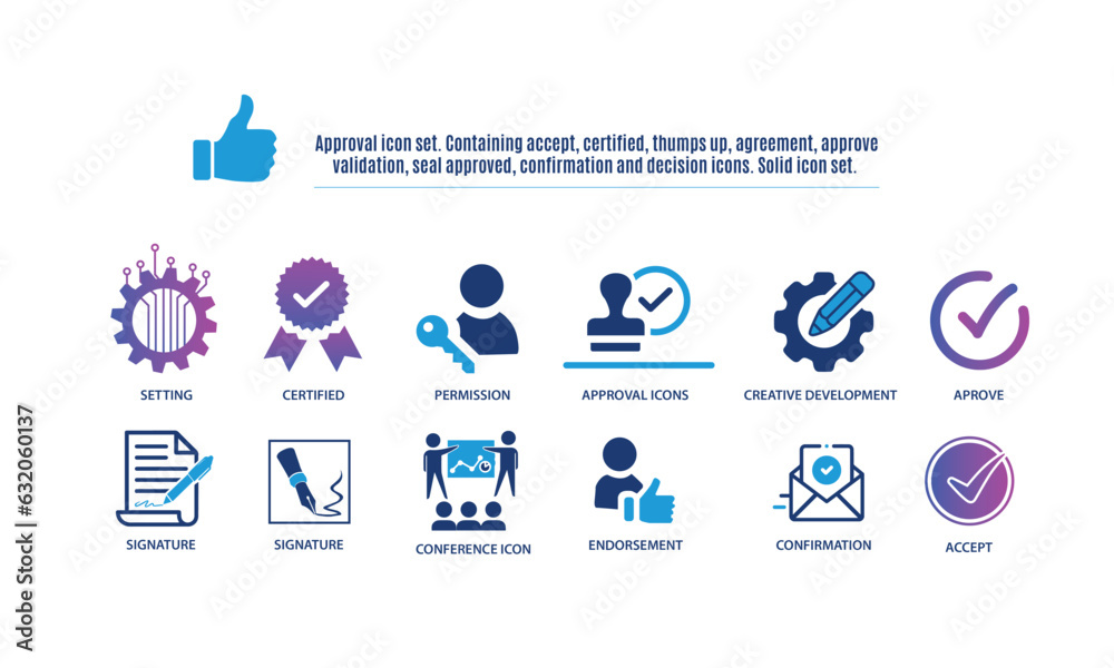 Approval icon set. Containing accept, certified, thumps up, agreement ...