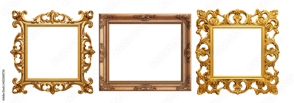 Golden and wooden frames on transparent background. Decorative elegant ...