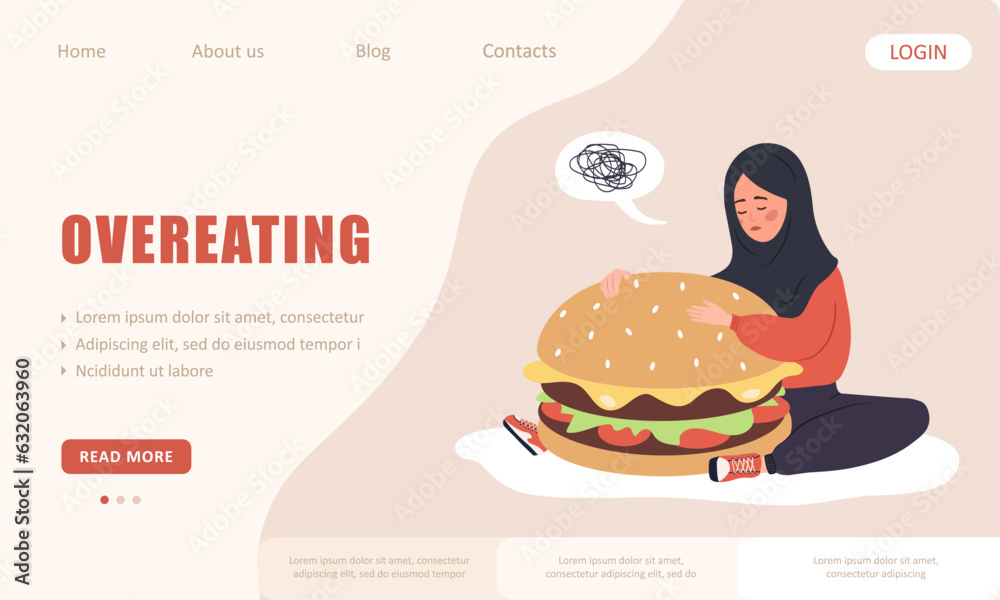 Vetor de Overeating landing page template. Sad arabian woman hugging ...