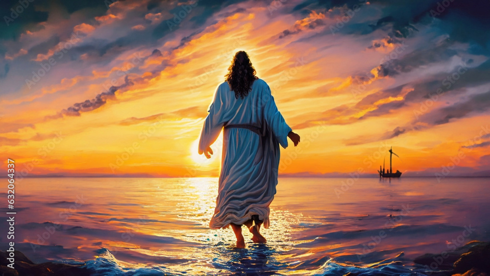 The figure of Jesus walks on water on a beautiful dramatic sunset ...